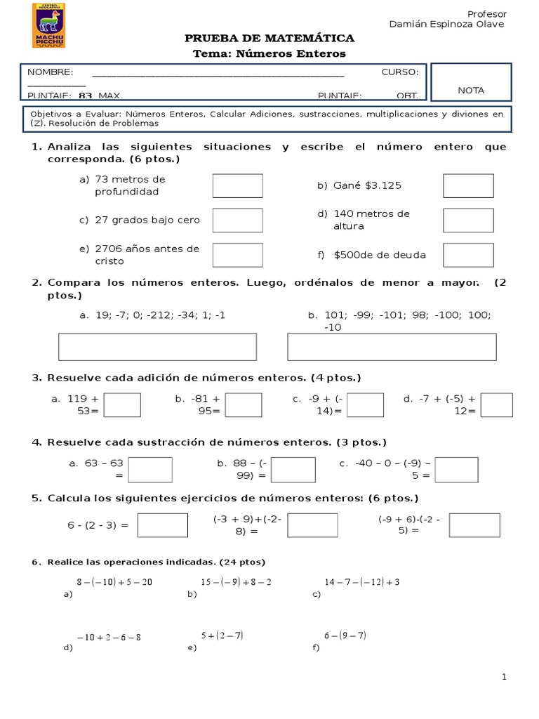 8vo Prueba de Números Enteros (1) | Aritmética | Números