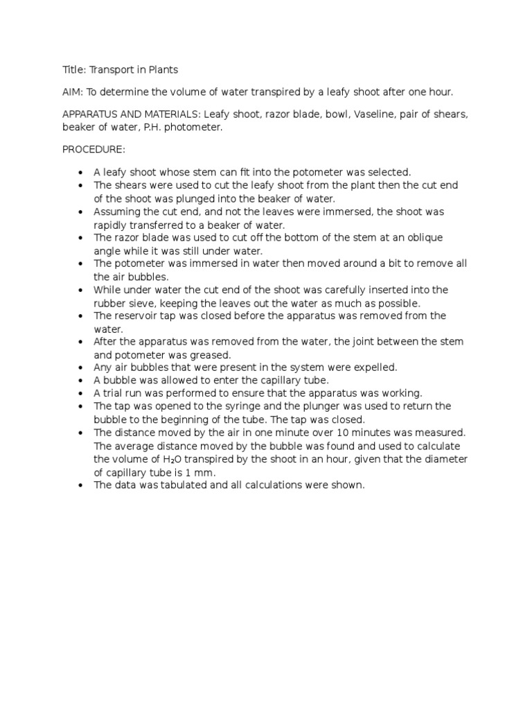Measure Leaf Transpiration Using a Potometer | PDF | Horticulture And ...