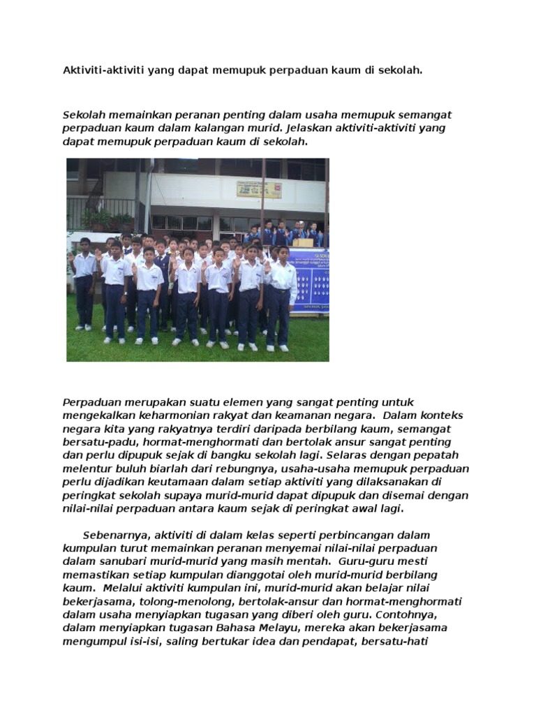 Aktiviti-Aktiviti Yang Dapat Memupuk Perpaduan Kaum Di Sekolah | PDF