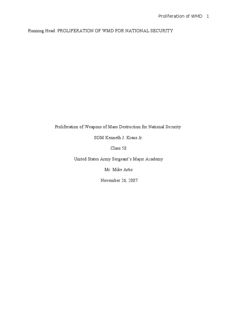 Running Head: Proliferation of WMD For National Security | PDF ...
