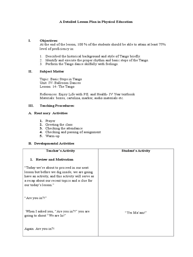 Detailed Lesson Plan in Pe | PDF | Tango | Ballroom Dance