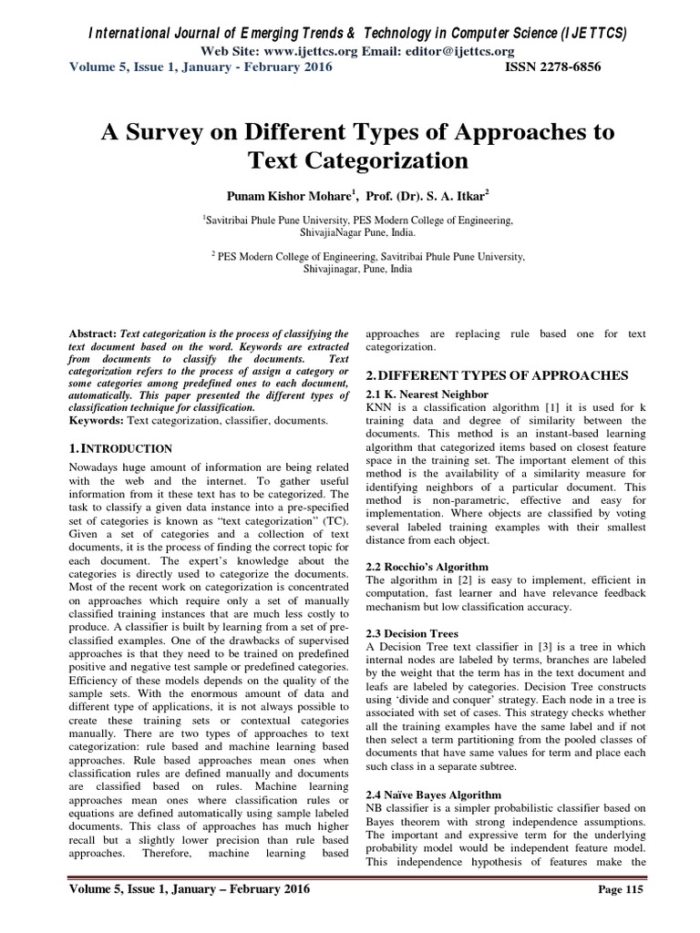 A Survey On Different Types of Approaches To Text Categorization | PDF ...