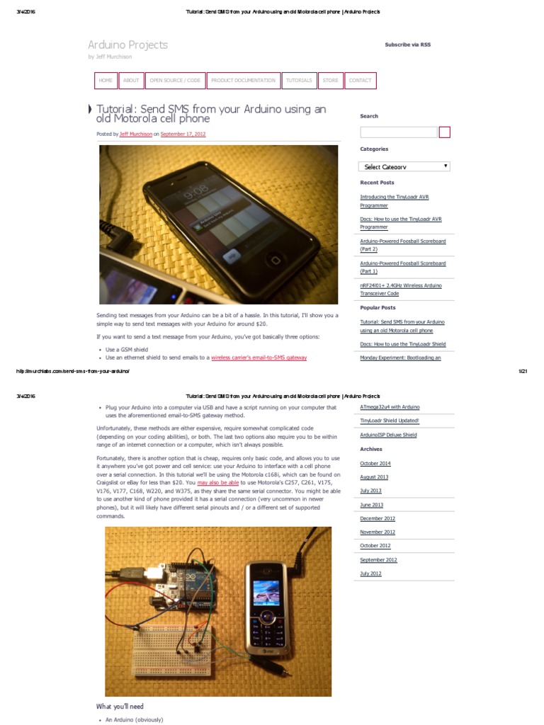 Tutorial - Send SMS From Your Arduino Using An Old Motorola Cell Phone - Arduino Projects | PDF ...