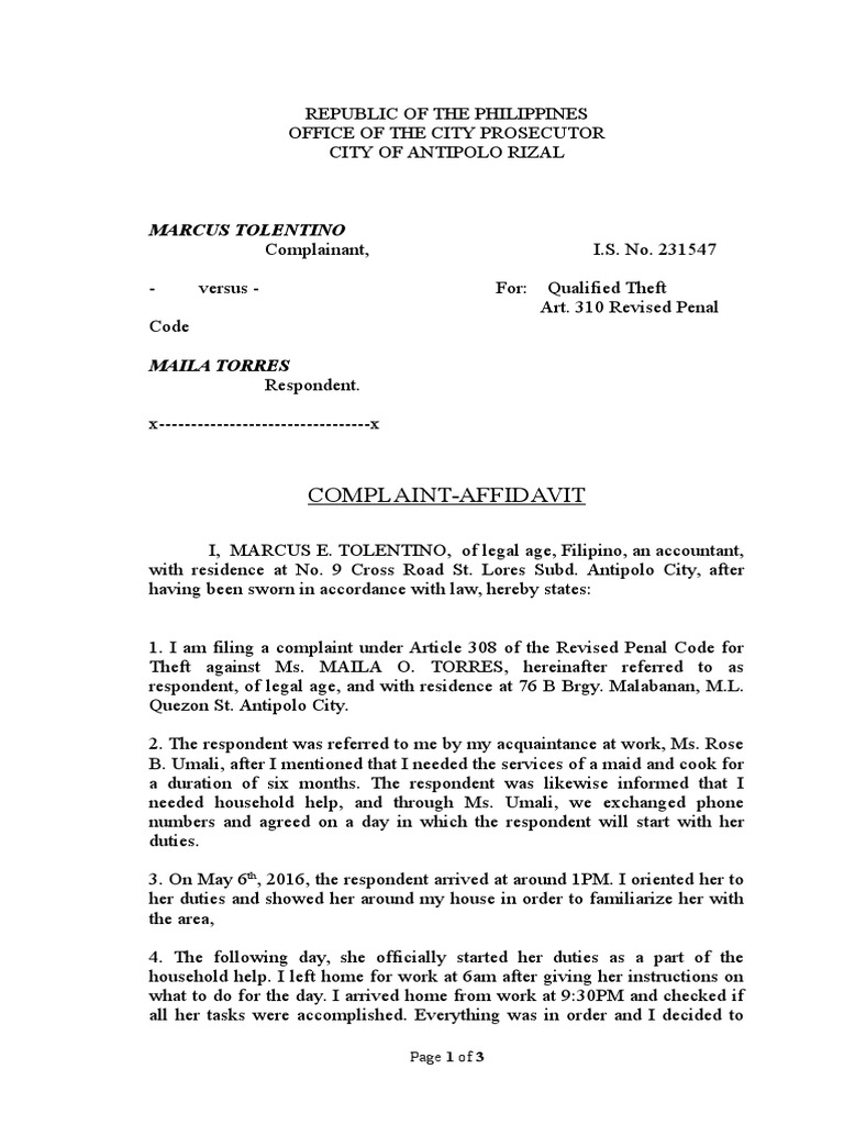 Theft Complaint | PDF | Public Law | Justice