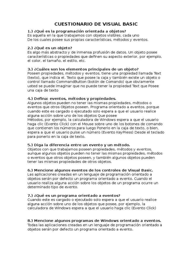 Cuestionario de Visual Basic | PDF | Básico | Point and Click