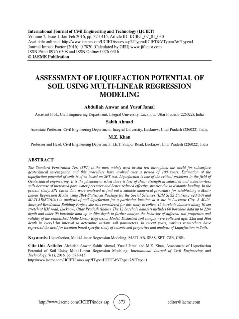 Assessment of Liquefaction Potential of Soil Using Multi-Linear Regression Modeling | PDF ...