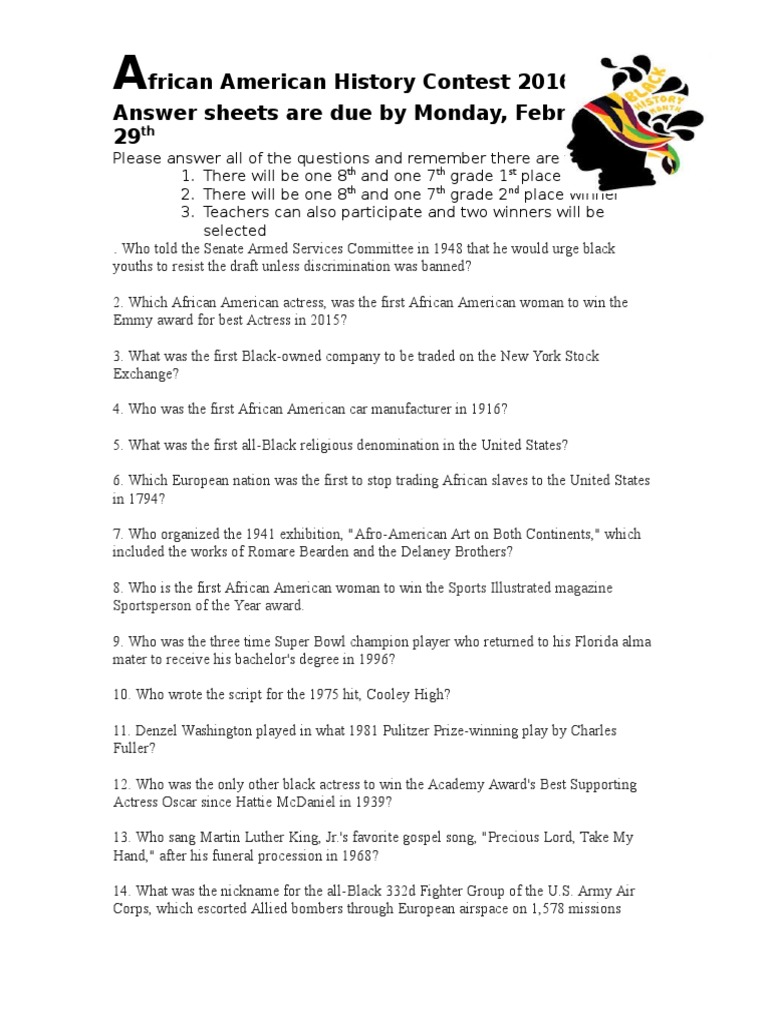 Black History Quiz 2016 | PDF | African American History | Academy Awards