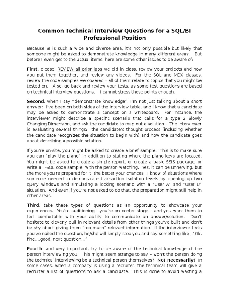 Common Technical Interview Questions For A SQL/BI Professional Position | PDF | Database Index ...