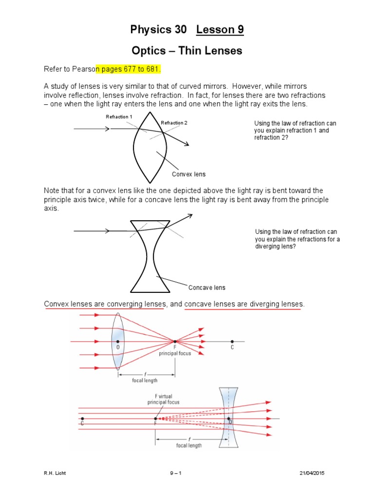 Physics 30 Lesson 9 Optics - Thin Lenses: Refraction 2 Refraction 1 ...