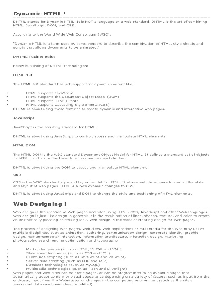 Dynamic Html Dhtml Technologies Pdf Dynamic Html Hyperlink