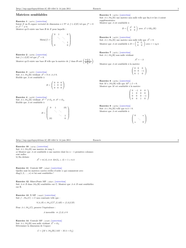 Exercices sur les Matrices Semblables | PDF | Base (algèbre linéaire ...