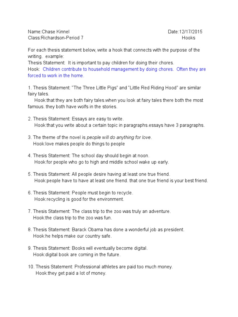 Thesis Hooks for Writing Assignments | PDF | Language Arts & Discipline ...
