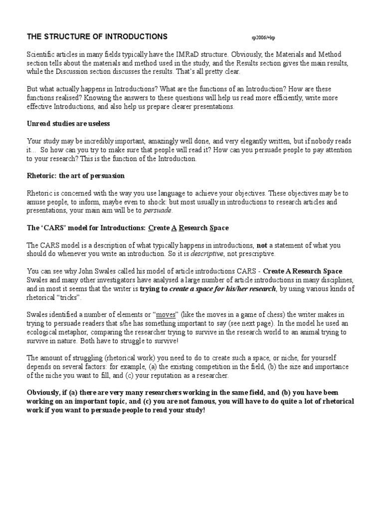 The Structure of Introductions in Scientific Articles: Swales' CARS ...