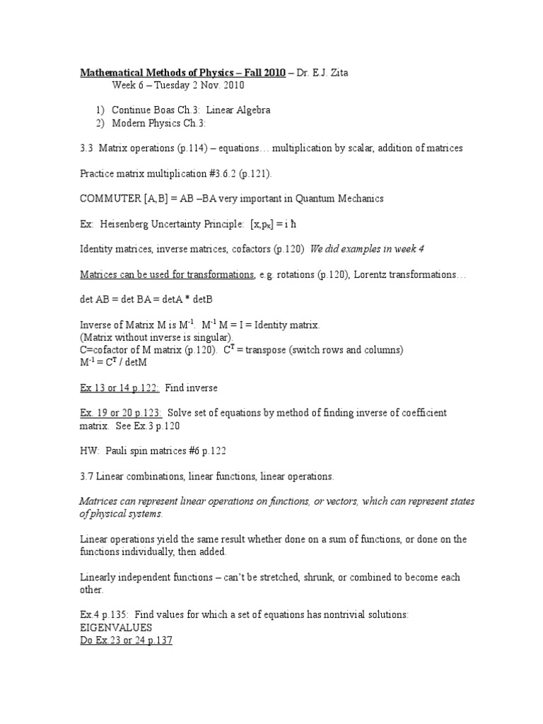 Mathematical Methods of Physics Matrix Operations | PDF | Matrix ...