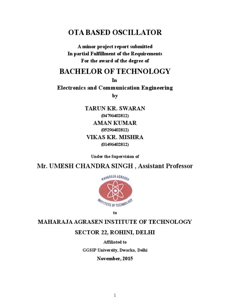 Ota Based Oscillator: Electronics and Communication Engineering Tarun ...