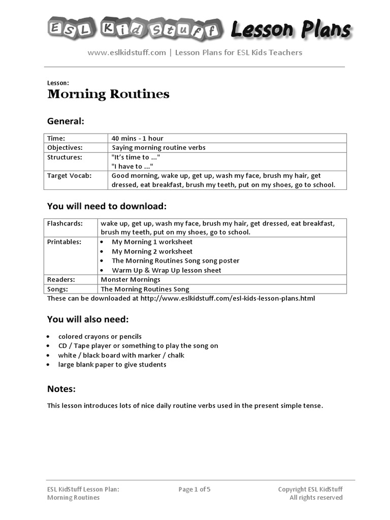 Morning Routines Lesson Plan | PDF | Lesson Plan | English As A Second ...