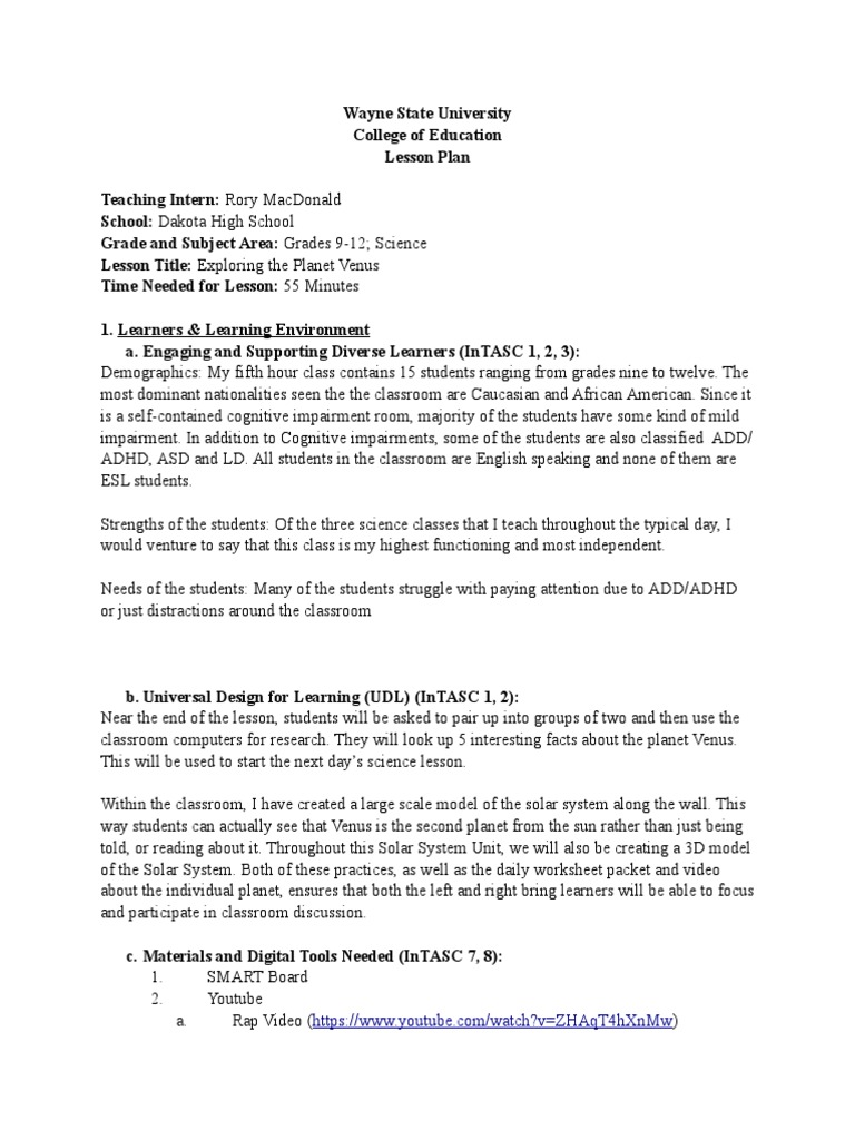 Solar System Lesson Plan Venus | PDF | Classroom | Planets