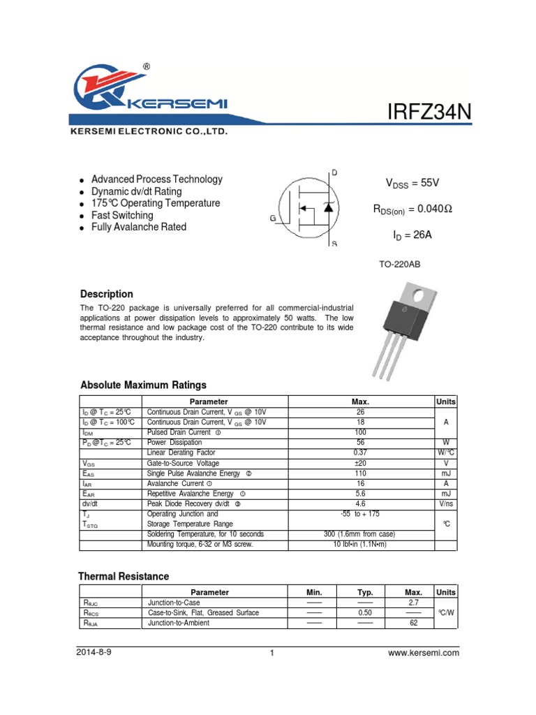 IRFZ34N Datasheet - K | Download Free PDF | Field Effect Transistor | Diode