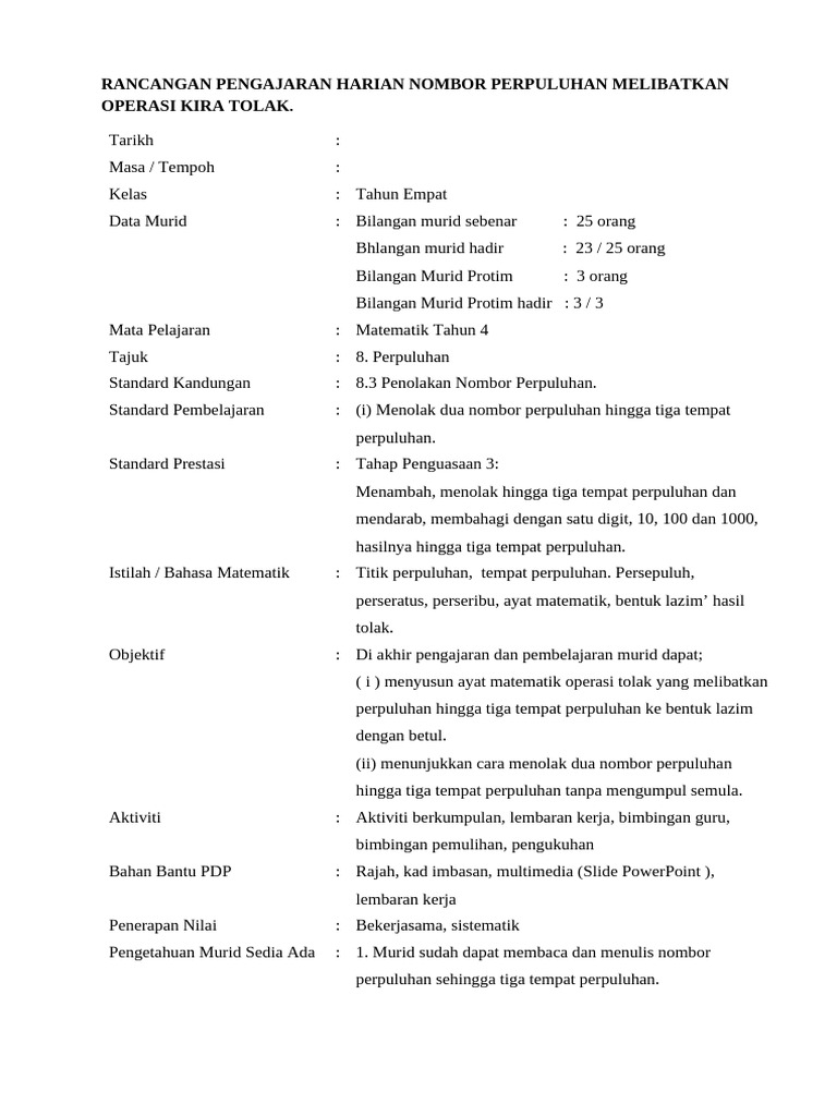 RPH Matematik THN 4 Perpuluhan (Tolak) | PDF