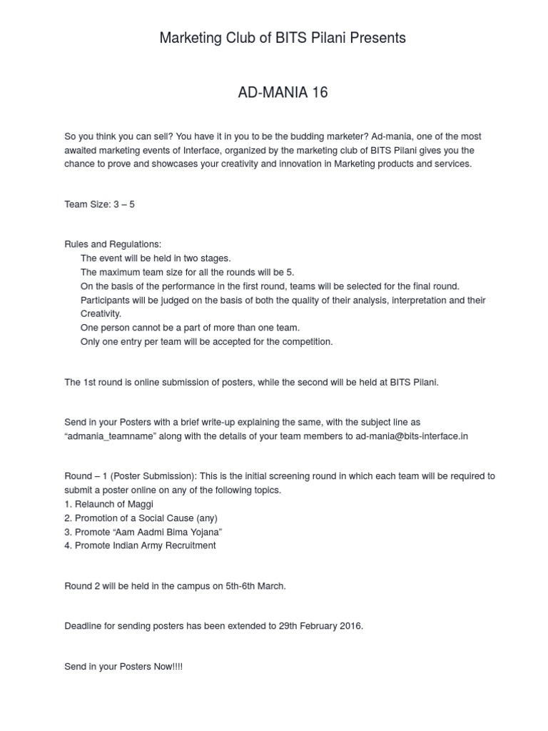 Ad-Mania 16 Marketing Competition Reminder Encourages Teams to Submit ...