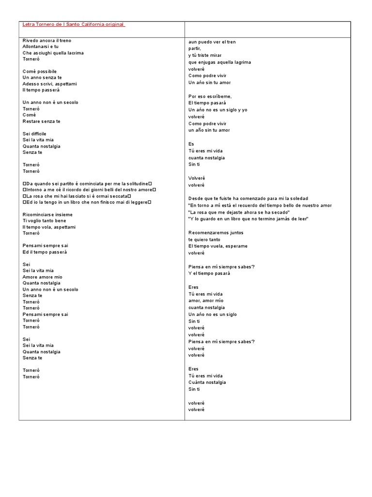 Letra Tornero de I Santo California Original | PDF