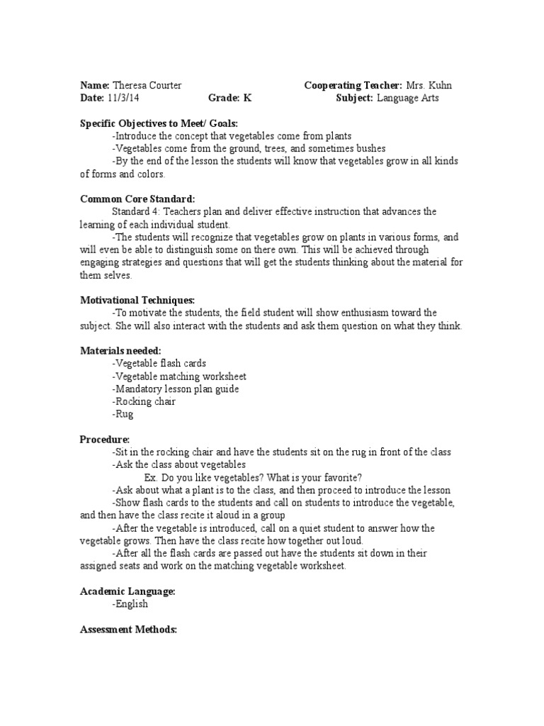 Preschool Vegetable Lesson Plan | PDF | Wellness