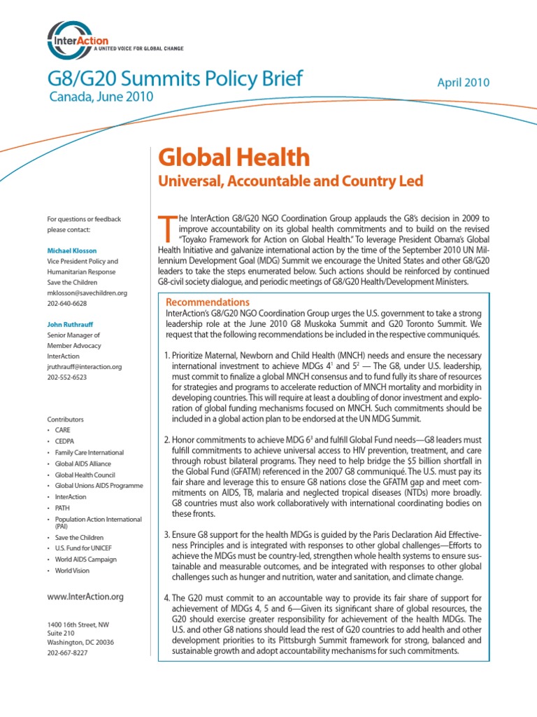 G8 G20 Policy Brief - Health | PDF | Millennium Development Goals | Public Health