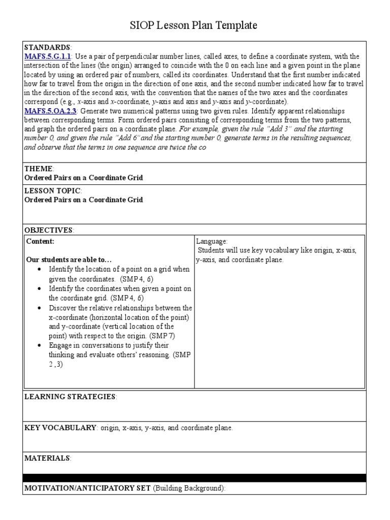 Coordinate Plane Lesson Plan for 5th Grade | PDF | Cartesian Coordinate ...