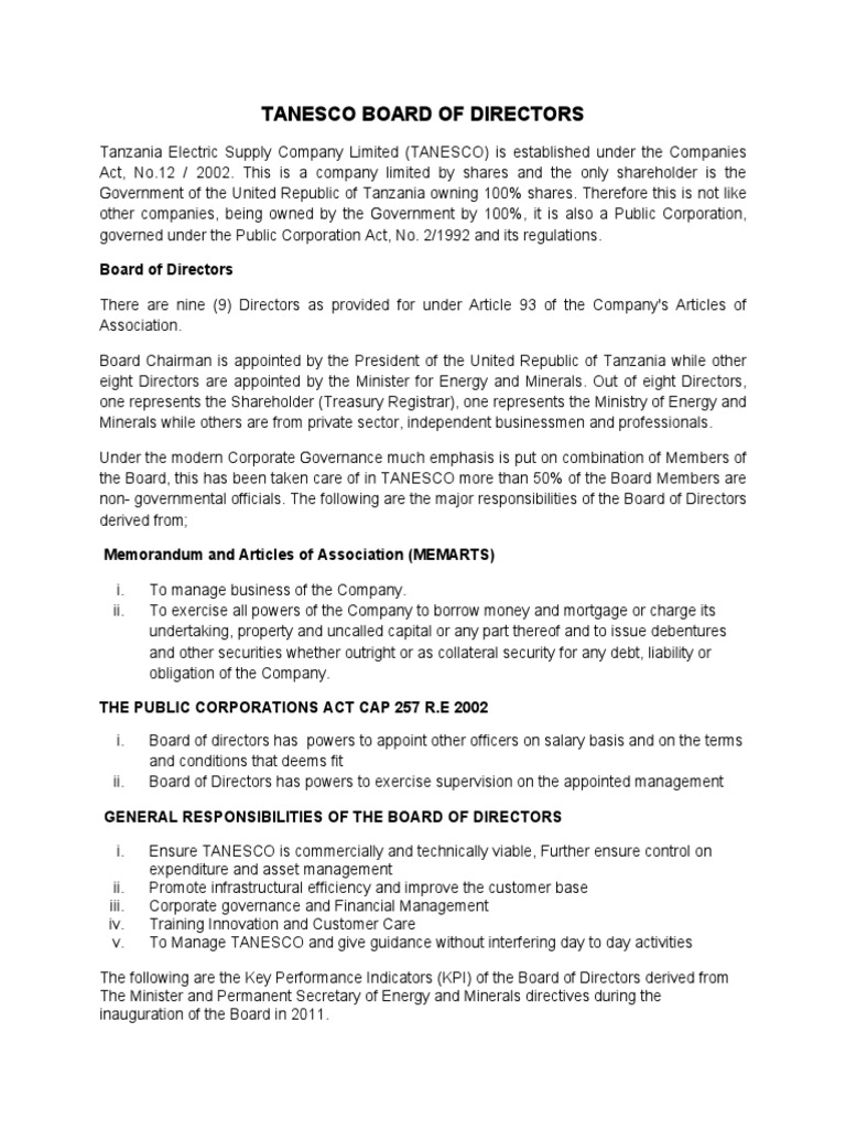 Management of TANESCO | PDF | Board Of Directors | State Owned Enterprise