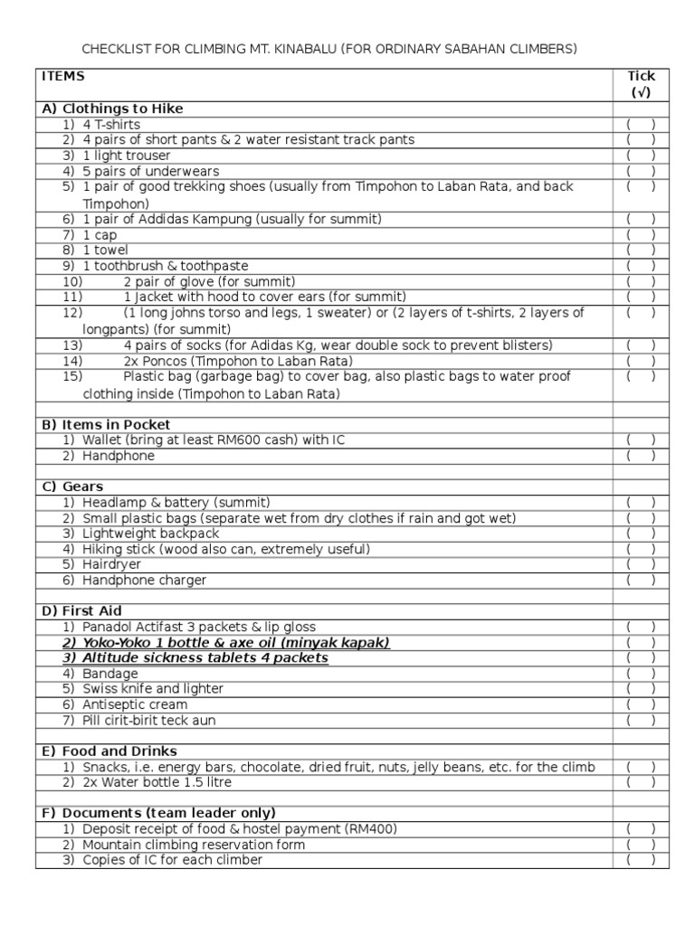 Mount Kinabalu Climbing Checklist | PDF | Mountaineering | Clothing