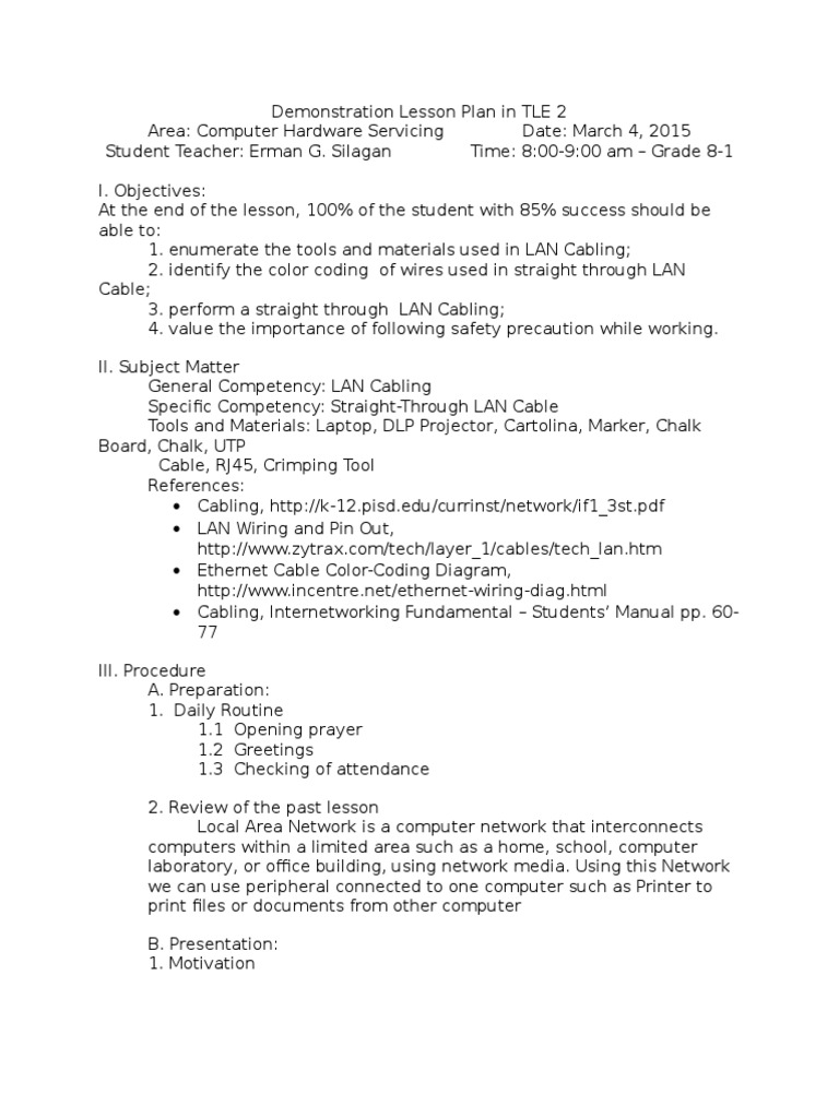 Grade 8 LAN Cabling Lesson | PDF | Electrical Connector | Local Area Network