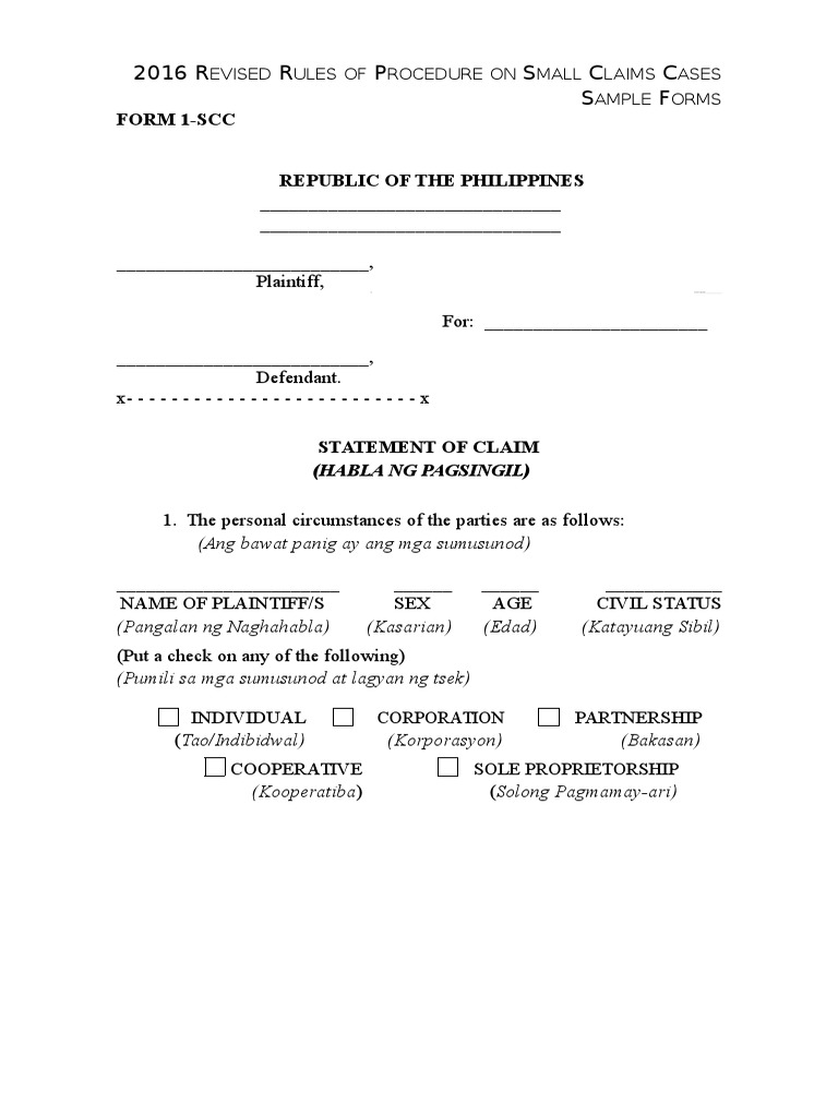 Small Claims Court Forms Philippines | PDF | Lawsuit | Separation Of Powers