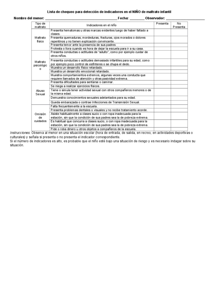 Checklist Niños-Padres para Docentes | PDF | Abuso infantil | Ciencias ...
