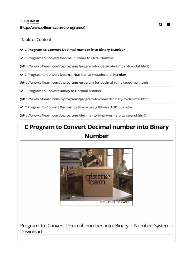 Decimal Number To Binary Number Conversion | PDF | C (Programming ...