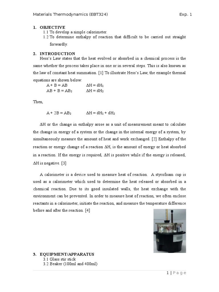 Lab Report Materials Thermodynamics: Hee's Law: Determine The Enthalpy | Download Free PDF ...