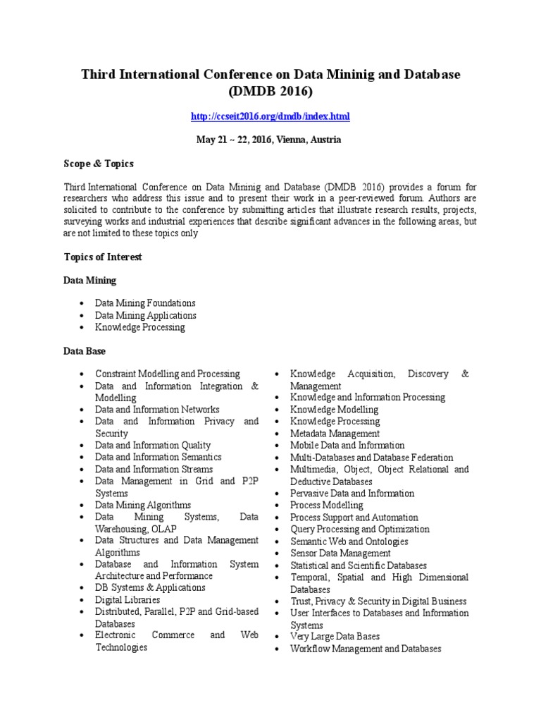 Third International Conference On Data Mininig and Database (DMDB 2016 ...