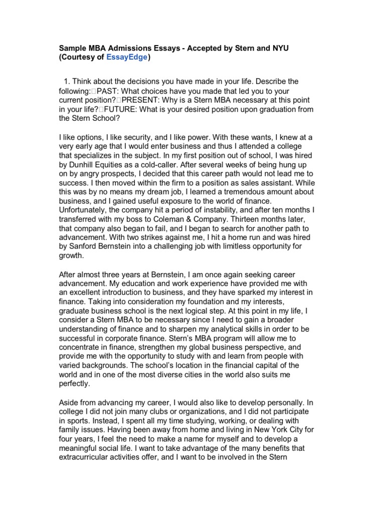 Sample MBA Essay - Why NYU | PDF | Master Of Business Administration | Business (General)