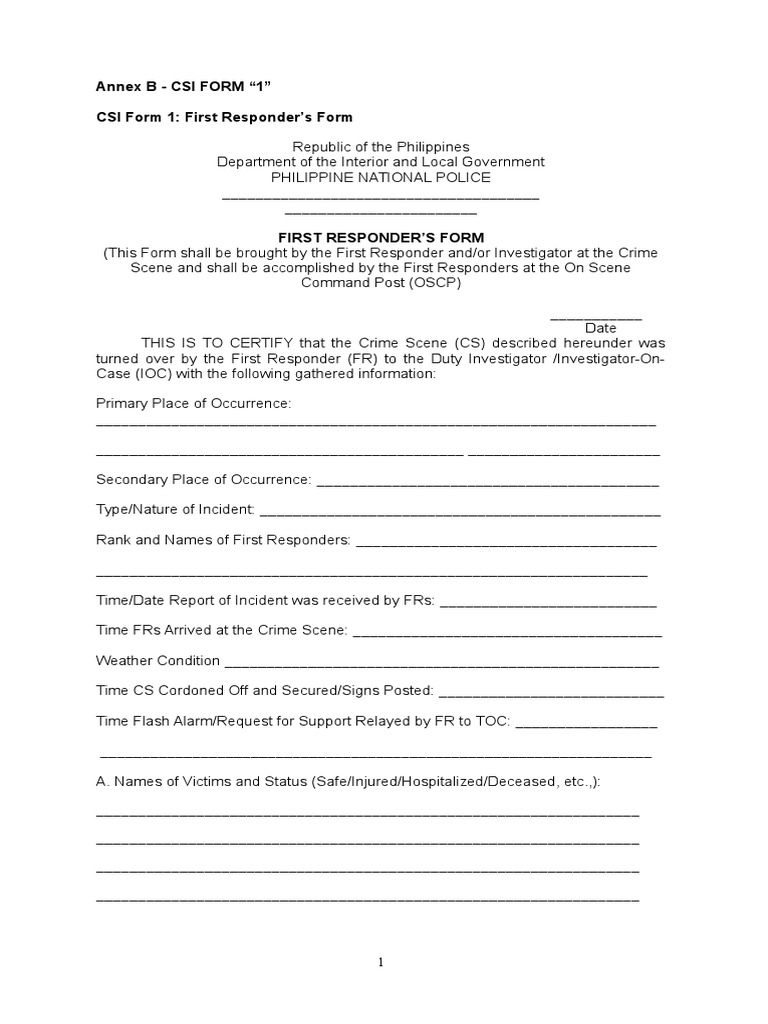 First Responder's Report Form (CSI 1) | PDF | Crime Scene | Forensic ...