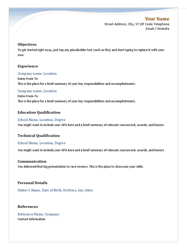A Concise Resume Template Highlighting Professional Experience ...