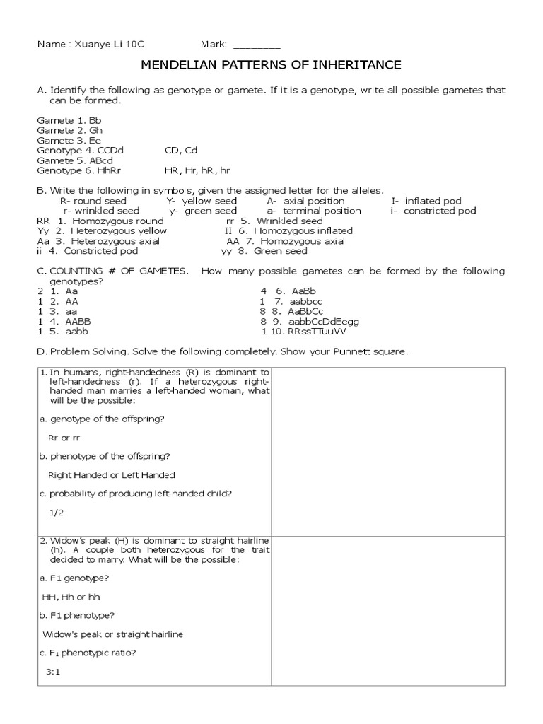 Worksheet on Mendelian Patterns of Inheritance | Genotype | Zygosity