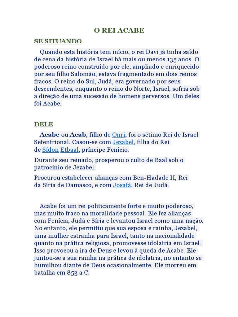 A História Do Rei Acabe | PDF | Reino de Judá | Bíblia