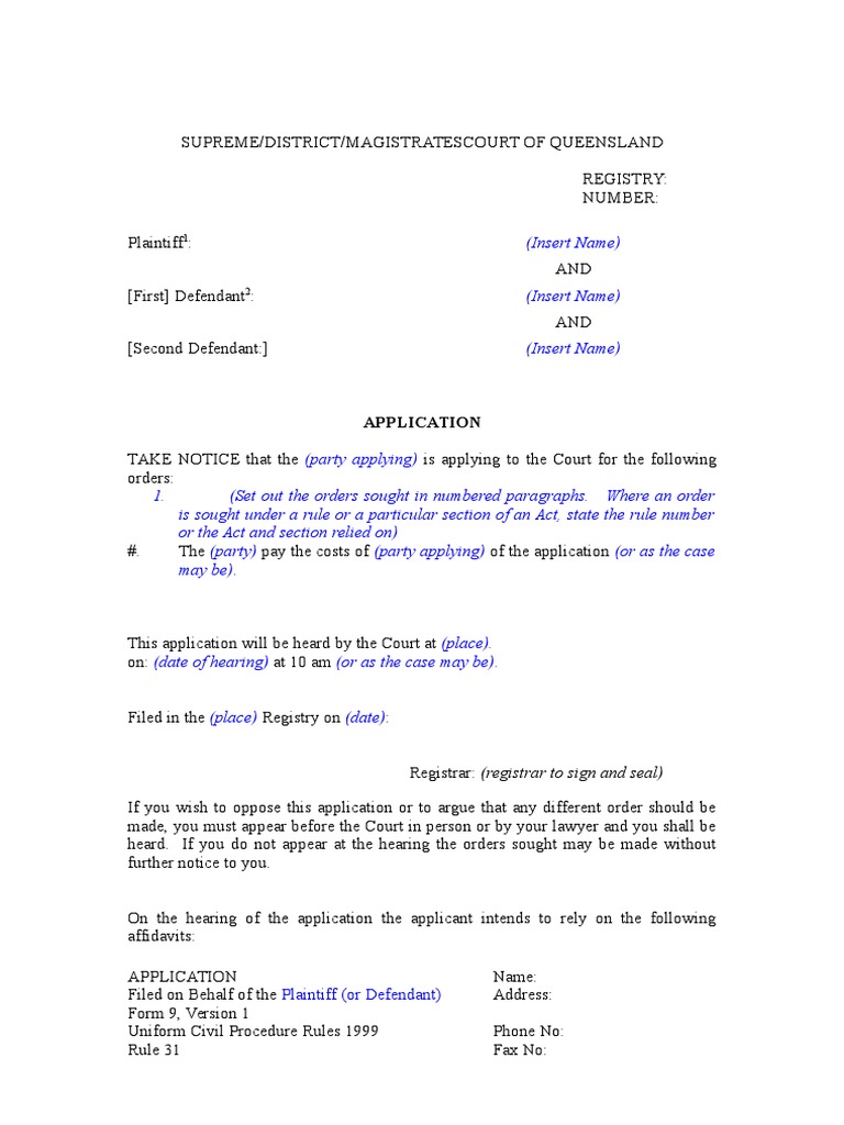 Form 9 Application UCPR | PDF