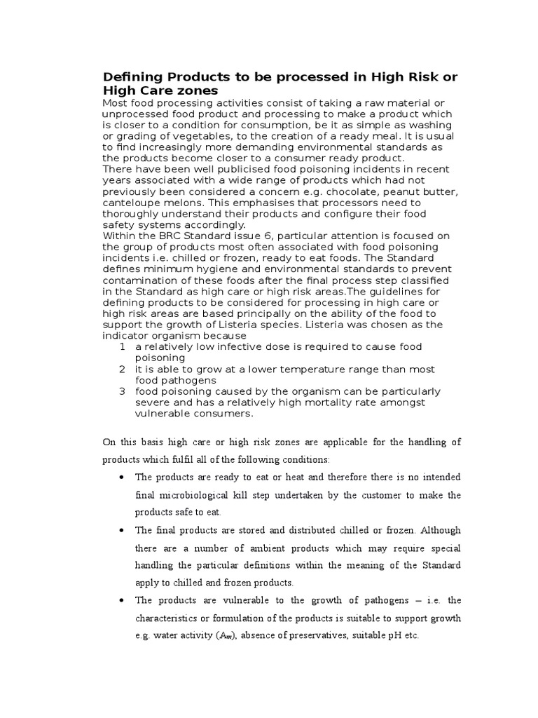 Defining Products To Be Processed in High Risk or High Care Zones ...