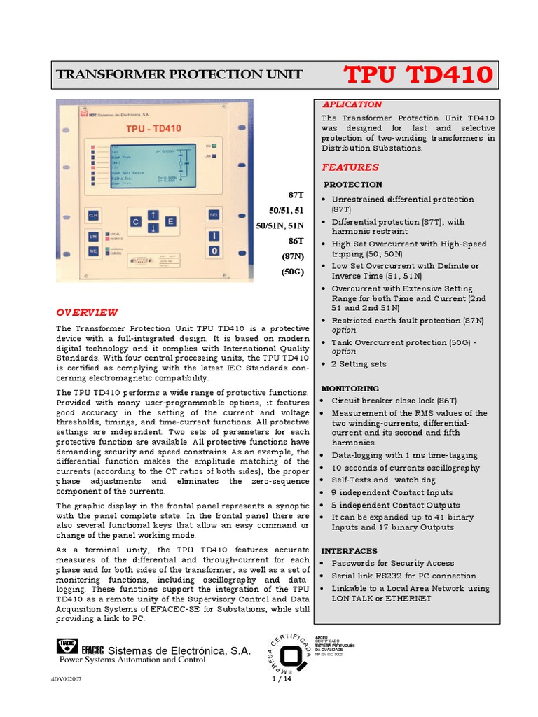 TPU TD410 transformer protection unit | PDF | Relay | Alternating Current
