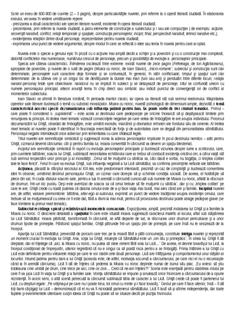 Caracterisicile Nuvelei Moara Cu Noroc | PDF