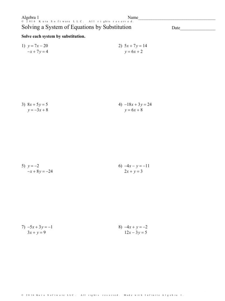 Solving A System of Equations by Substitution Worksheet Special Cases ...