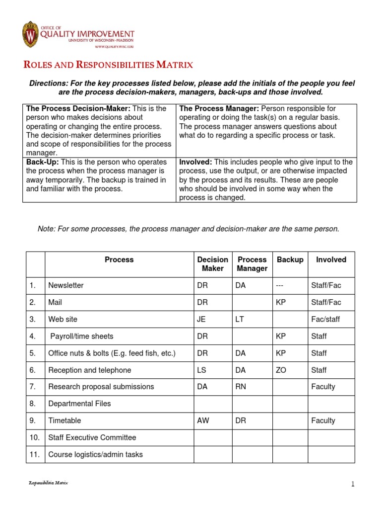 Roles and Responsibilities Matrix Guide | PDF