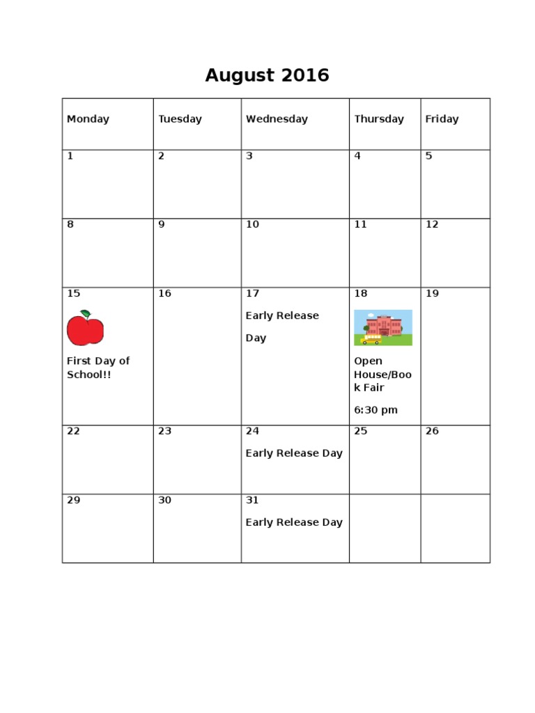 August 2016 School Calendar | PDF