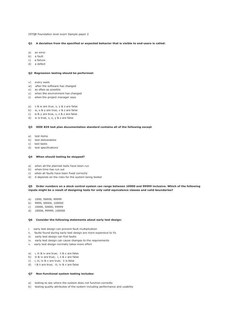 ISTQB Foundation Level Exam Sample Paper 2 | PDF | Software Testing ...