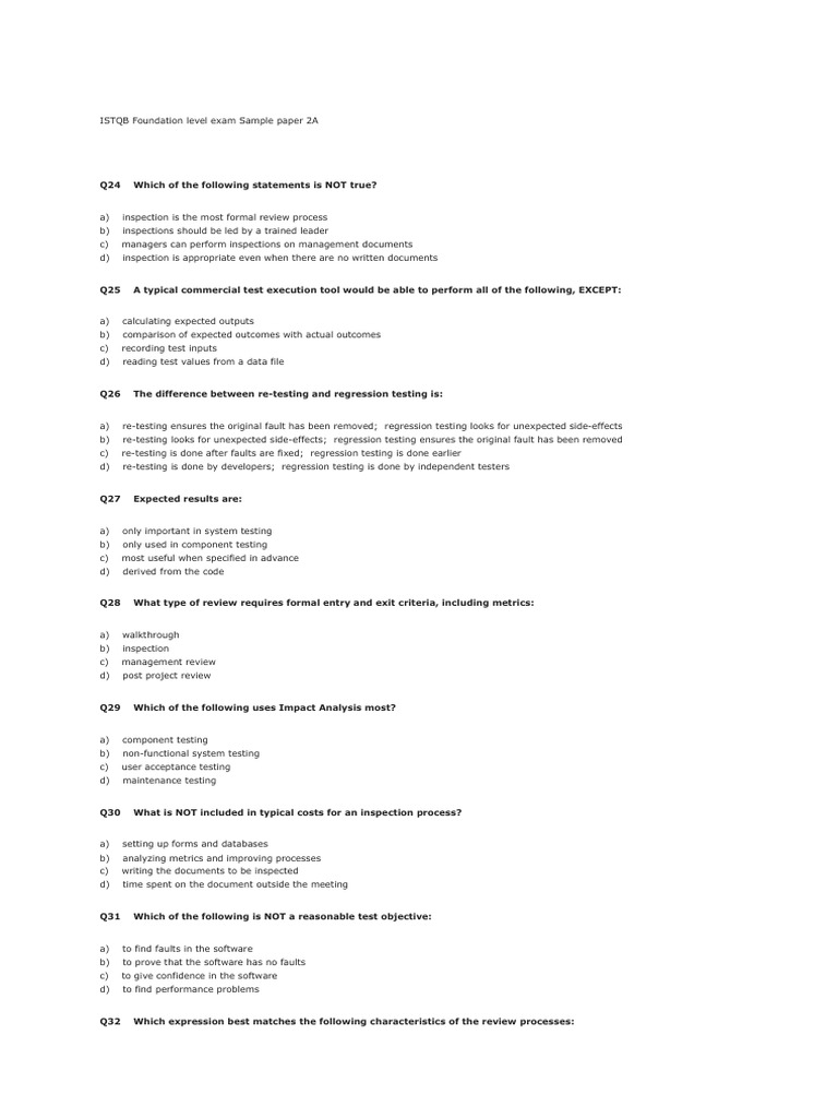 ISTQB Foundation Level Exam Sample Paper 2A | Download Free PDF ...